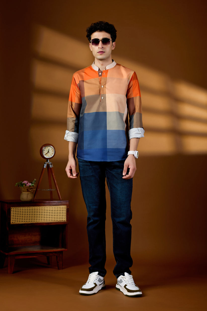 KEENLINE Men’s Orange & Blue Color Block Printed Kurta – Mandarin Coll